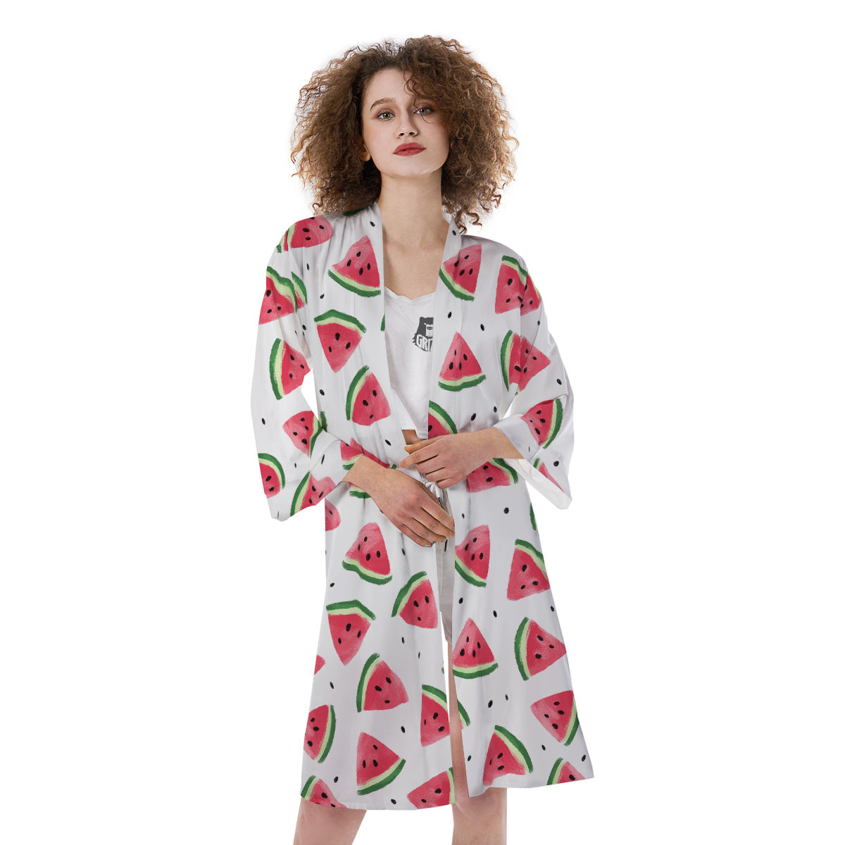 Watermelon White Tropical Print Pattern Kimono