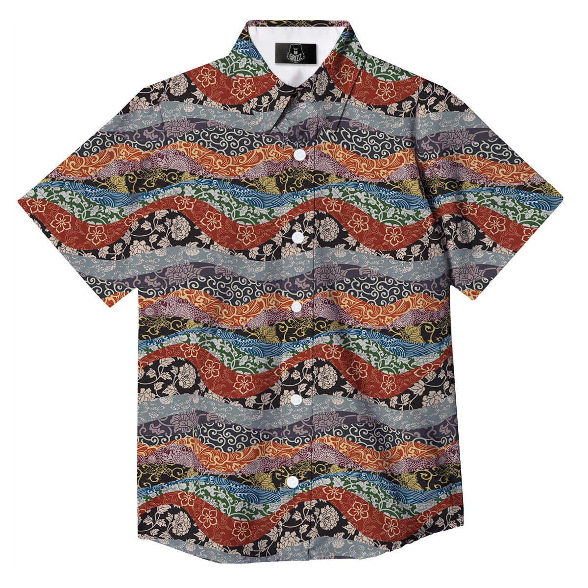 Wave Japanese Patchwork Print Pattern Button Up Shirt