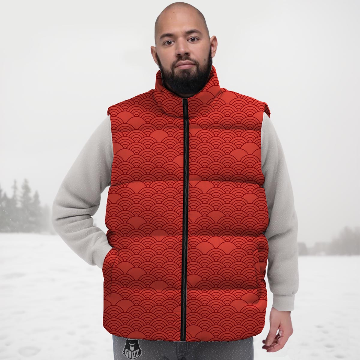 Wave Red Japanese Print Pattern Down Vest