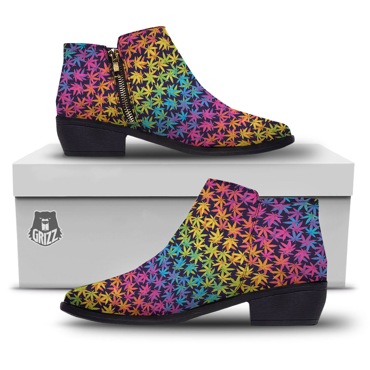 Weed Leaf Colorful Print Pattern Ankle Boots