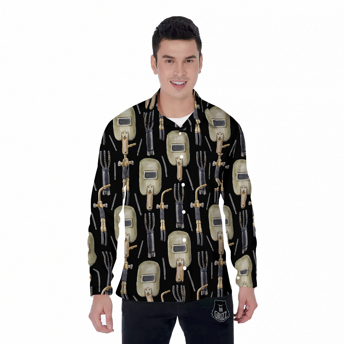 Welder Watercolor Print Pattern Men's Long Sleeve Shirts