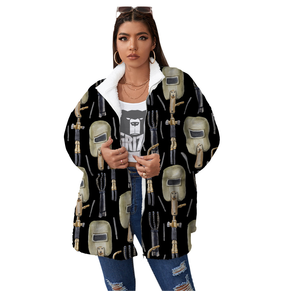Welder Watercolor Print Pattern Women's Sherpa Jacket