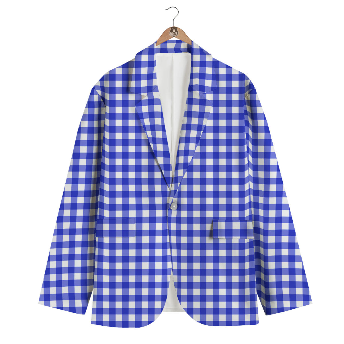White And Blue Check Print Pattern Men's Blazer