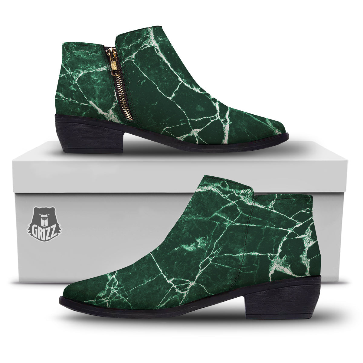 White And Dark Green Marble Texture Print Ankle Boots