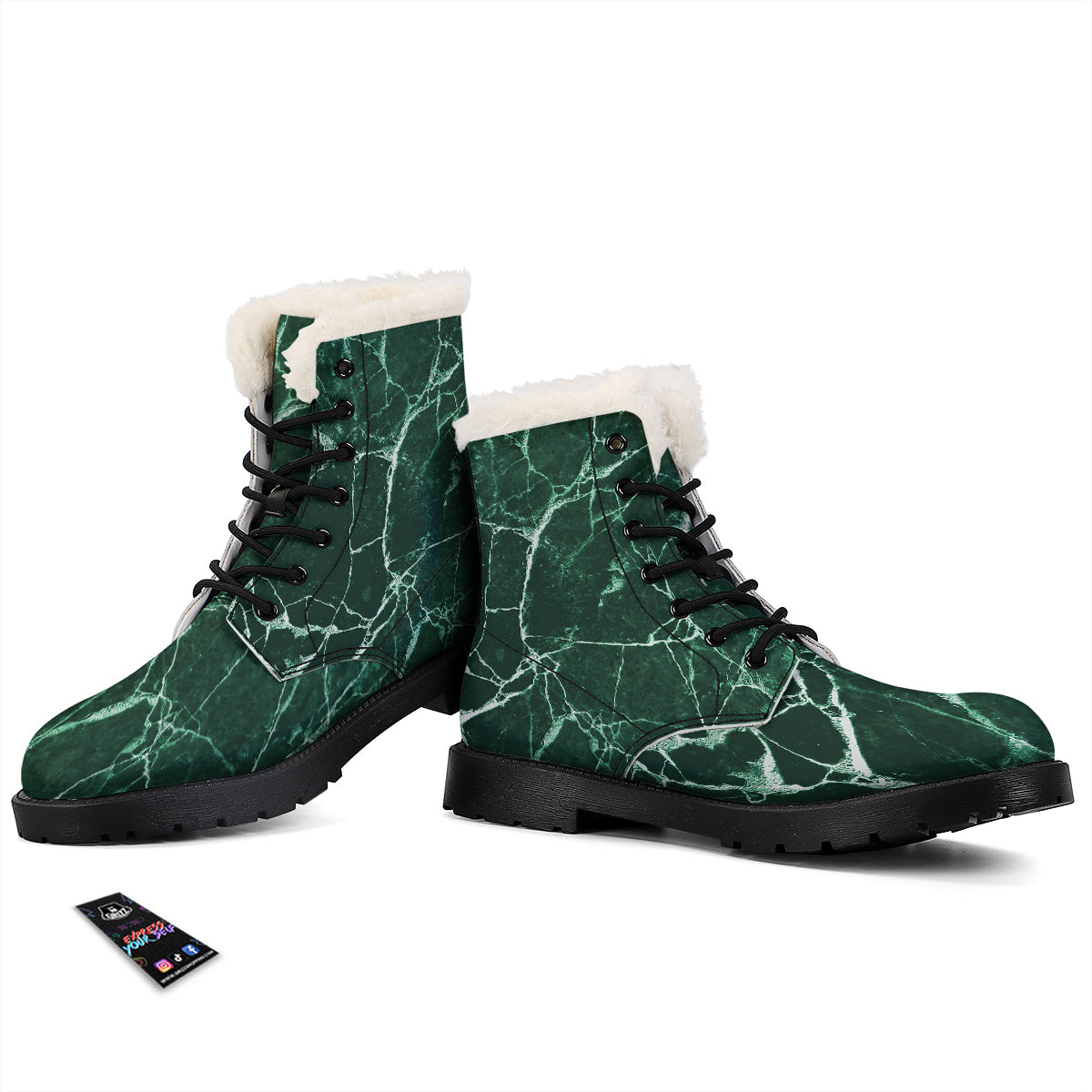 White And Dark Green Marble Texture Print Winter Boots