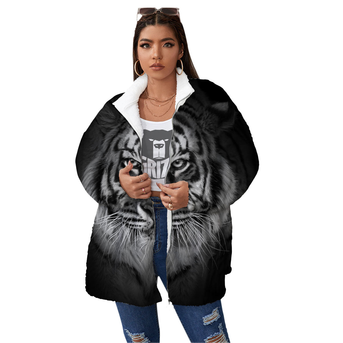White Bengal Tiger Monochrome Print Women's Sherpa Jacket