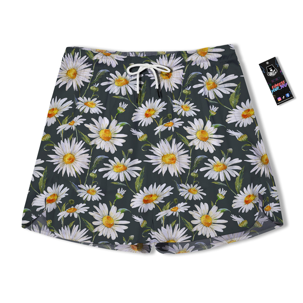 White Daisy Watercolor Print Pattern Men's Running Shorts