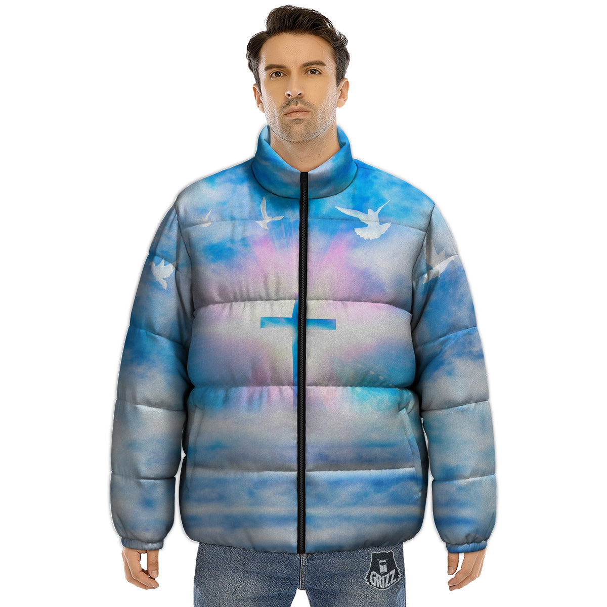 White Doves And Christian Cross Print Puffer Jacket