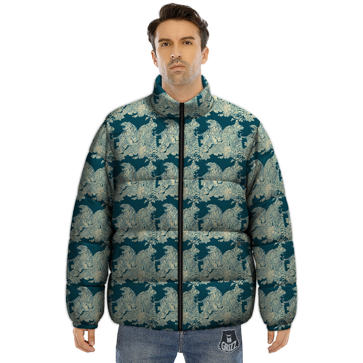 White Tiger Japanese Print Pattern Puffer Jacket