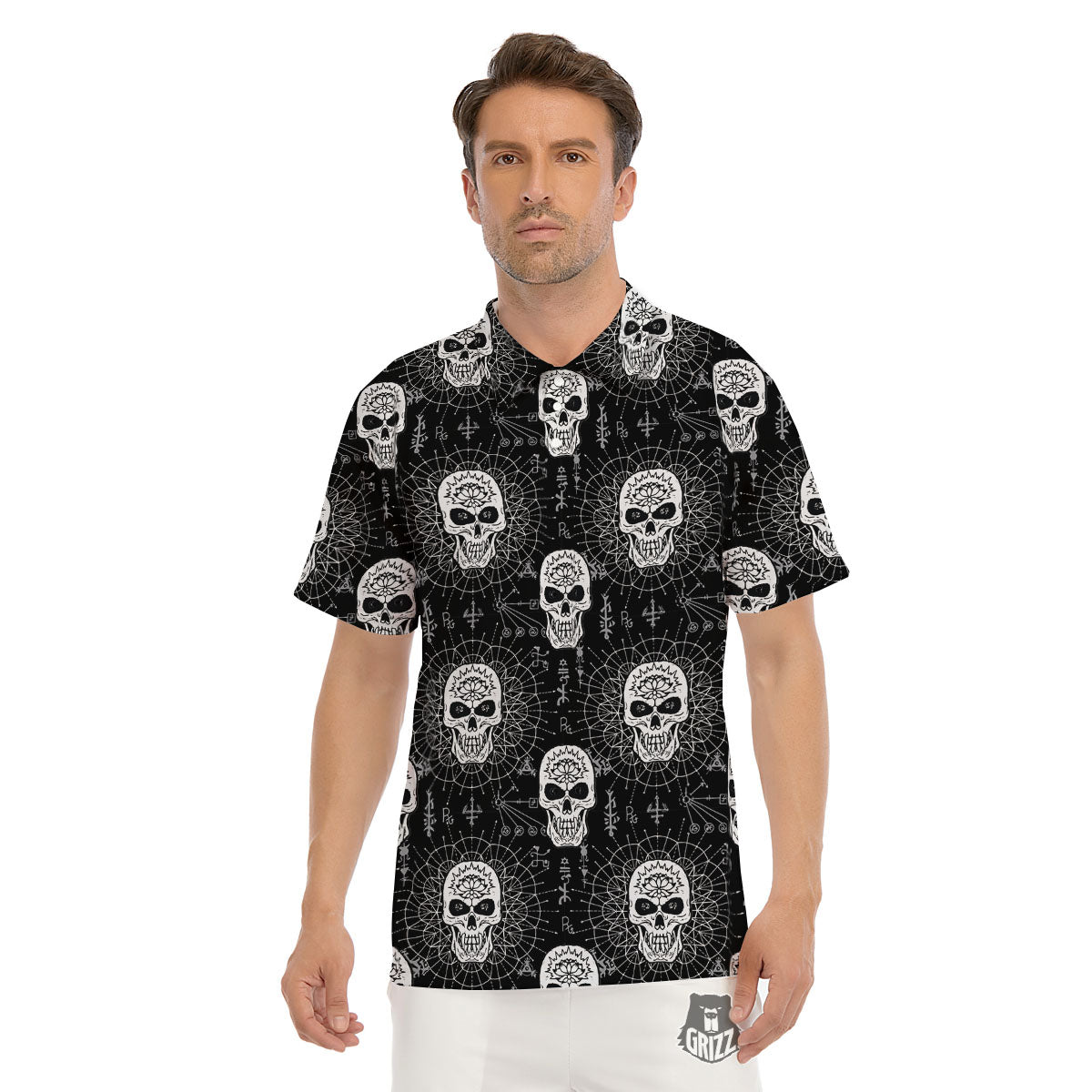 Wicca Evil Skull White And Black Print Men's Golf Shirts