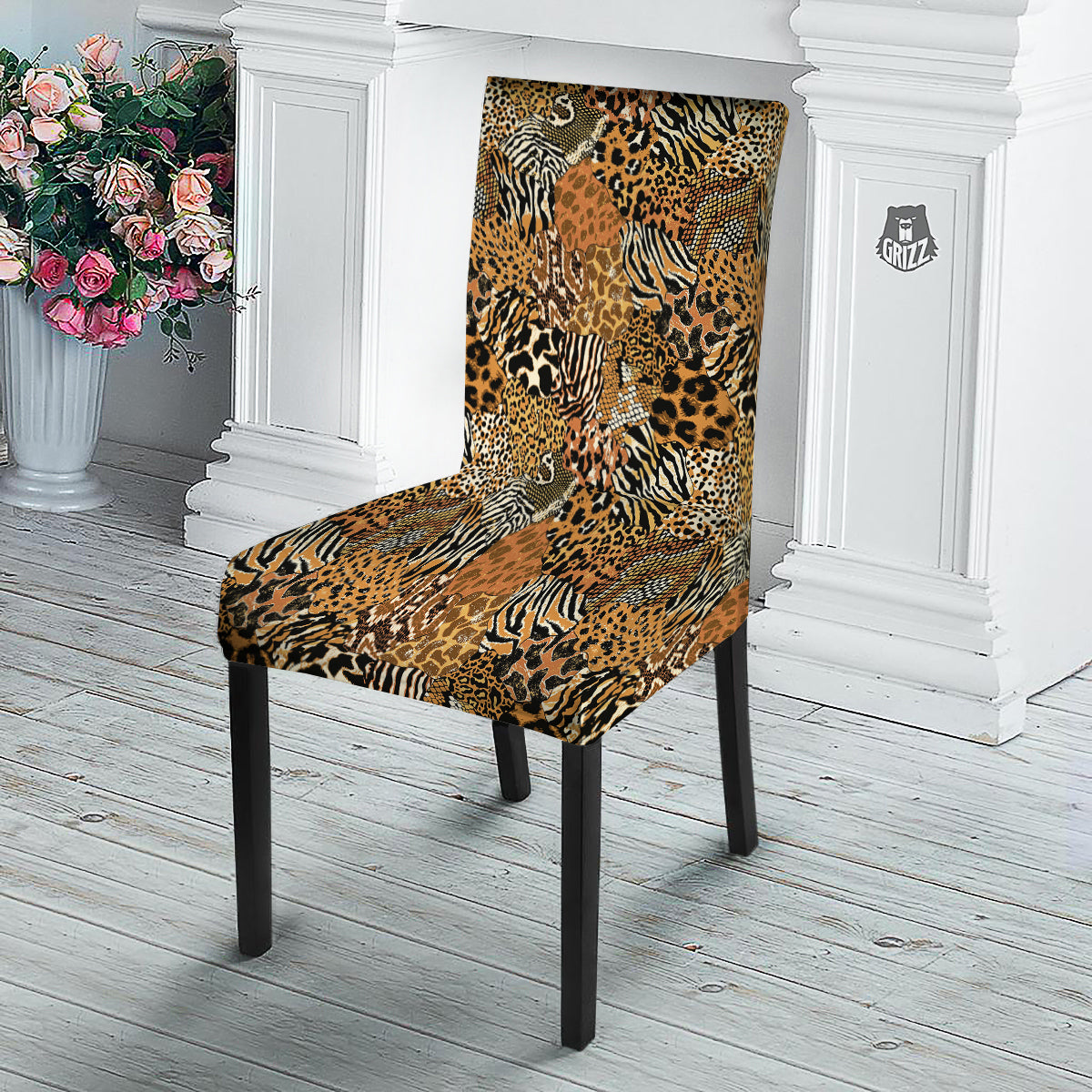 Wild Animal Skins Patchwork Print Pattern Dining Chair Slipcover