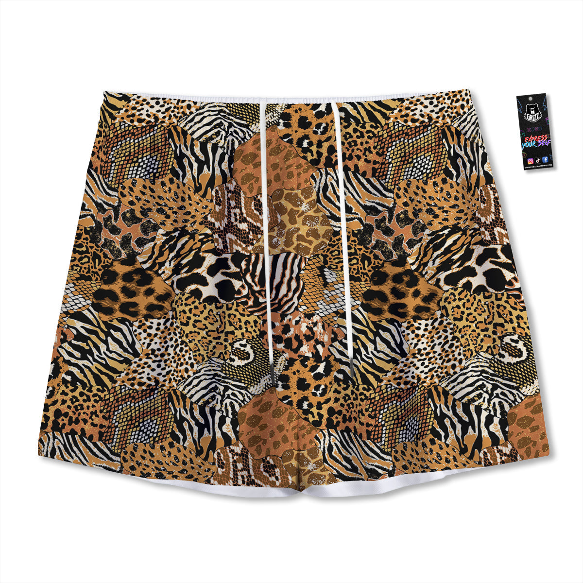 Wild Animal Skins Patchwork Print Pattern Mesh Shorts