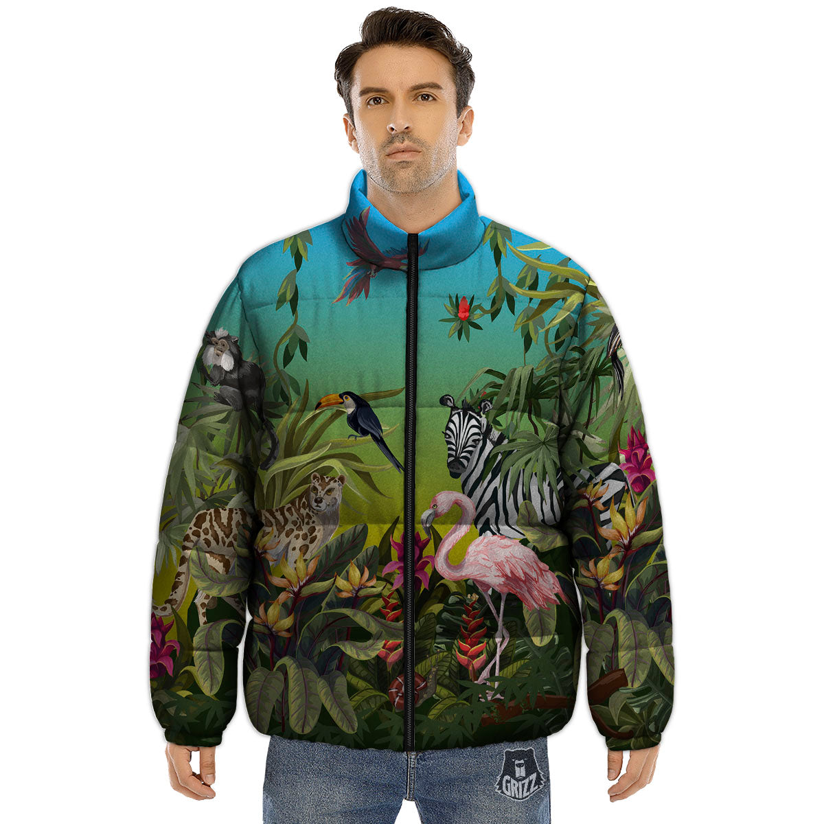 Wild Animals Jungle Print Puffer Jacket