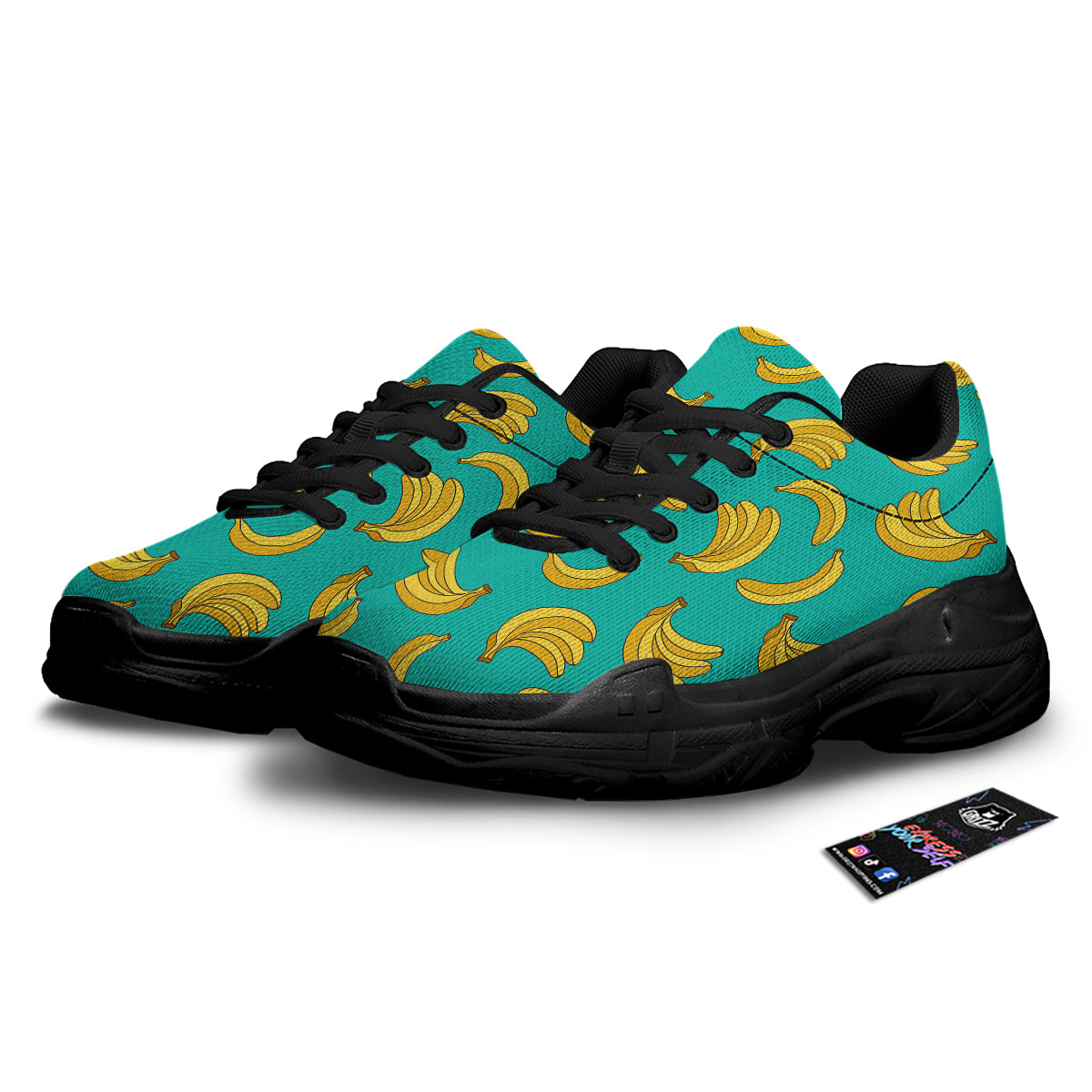Yellow Banana Print Pattern Black Chunky Shoes
