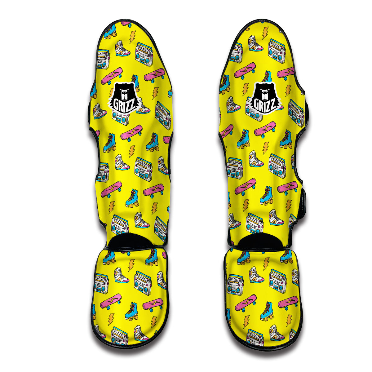 Yellow Boombox Print Pattern Muay Thai Shin Guards