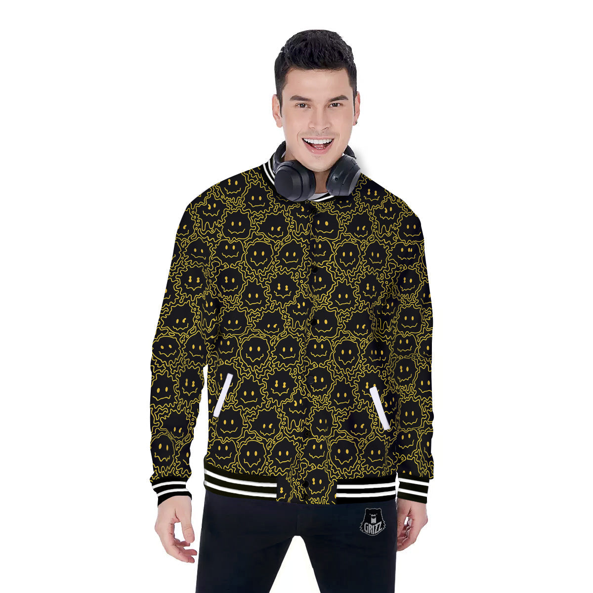 Yellow Crazy Emoji Print Pattern Baseball Jacket