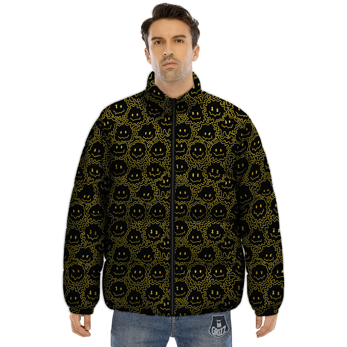 Yellow Crazy Emoji Print Pattern Puffer Jacket