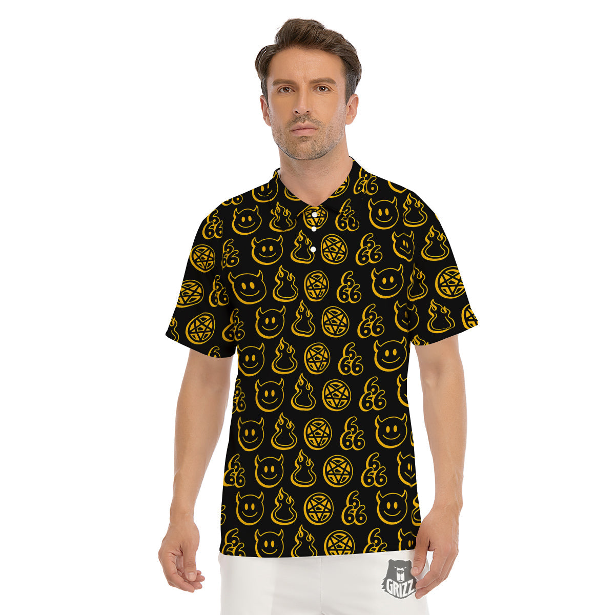 Yellow Demon Smile And Symbol Print Pattern Men's Golf Shirts