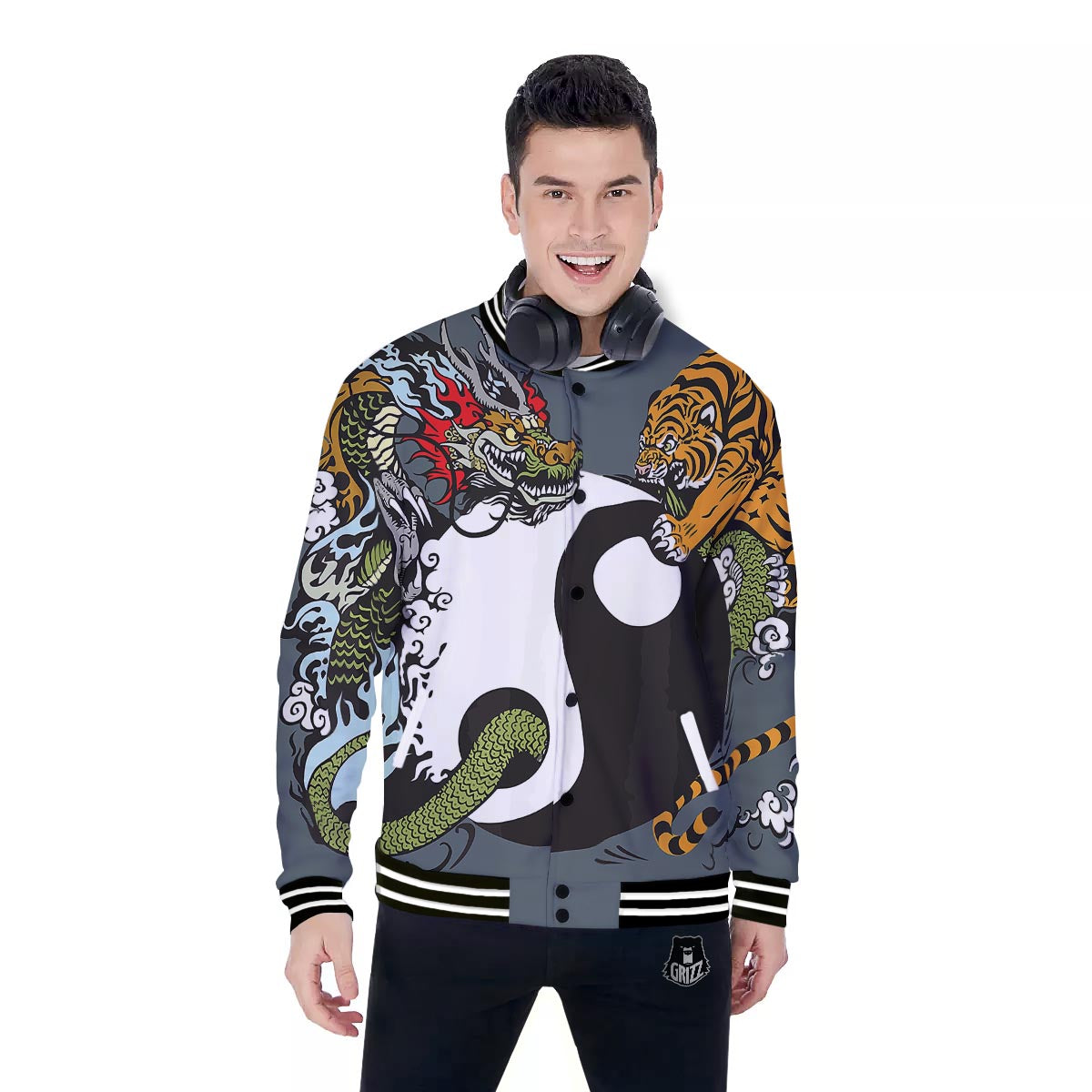 Yin Yang Dragon And Tiger Print Baseball Jacket