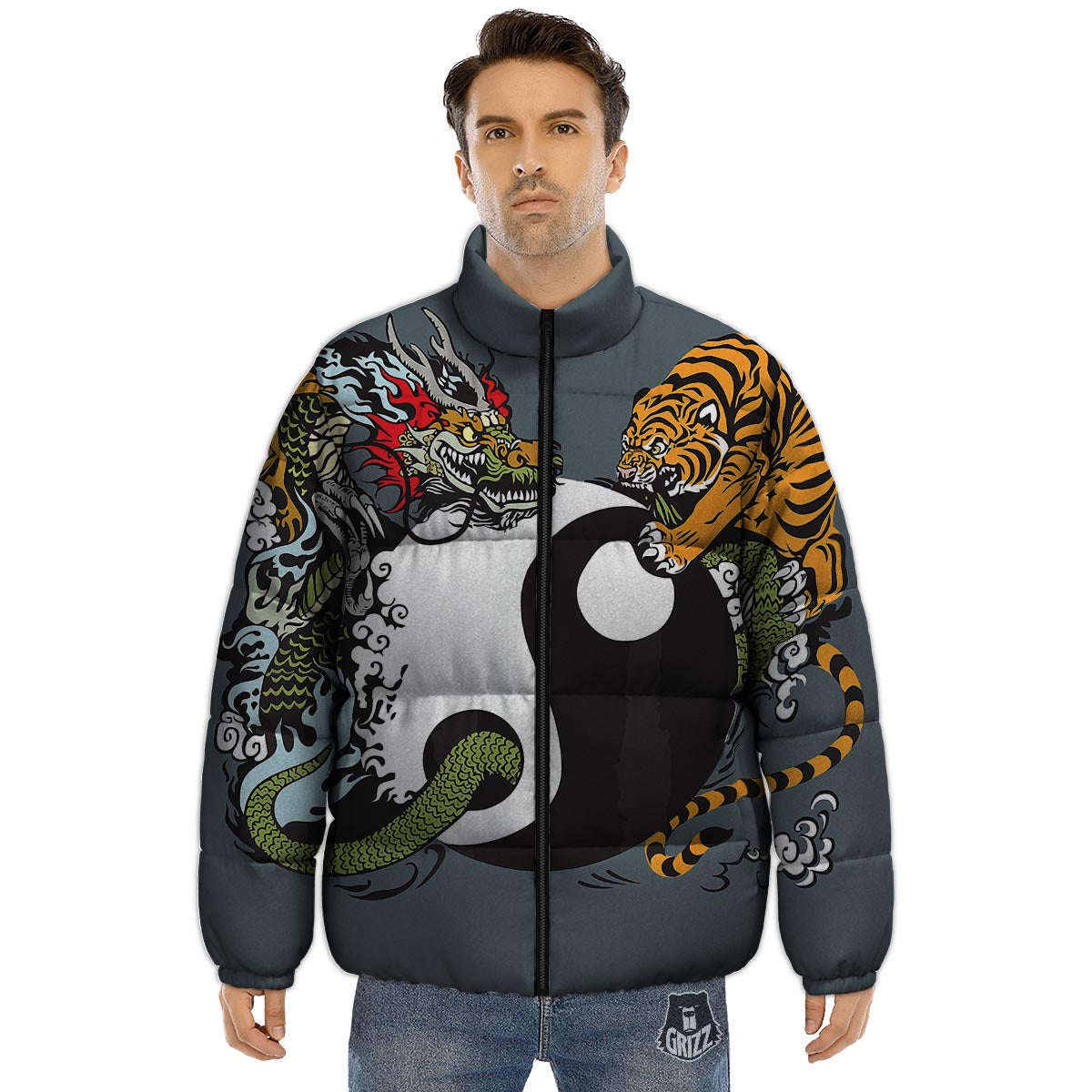 Yin Yang Dragon And Tiger Print Puffer Jacket