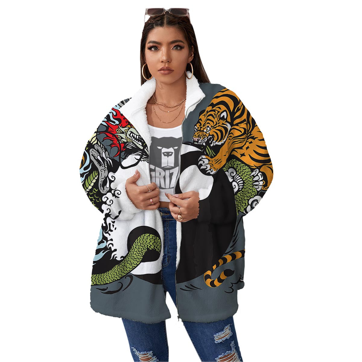 Yin Yang Dragon And Tiger Print Women's Sherpa Jacket