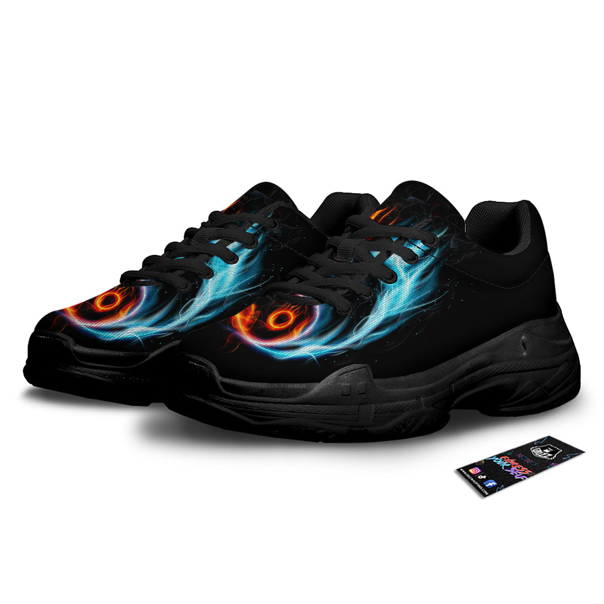 Yin Yang Flaming Print Black Chunky Shoes