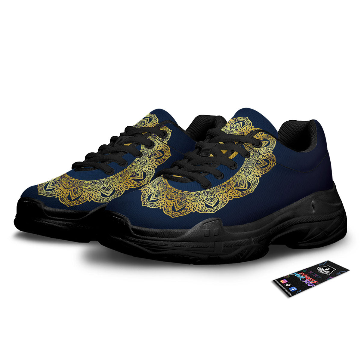Yin Yang Gold Mandala Print Black Chunky Shoes