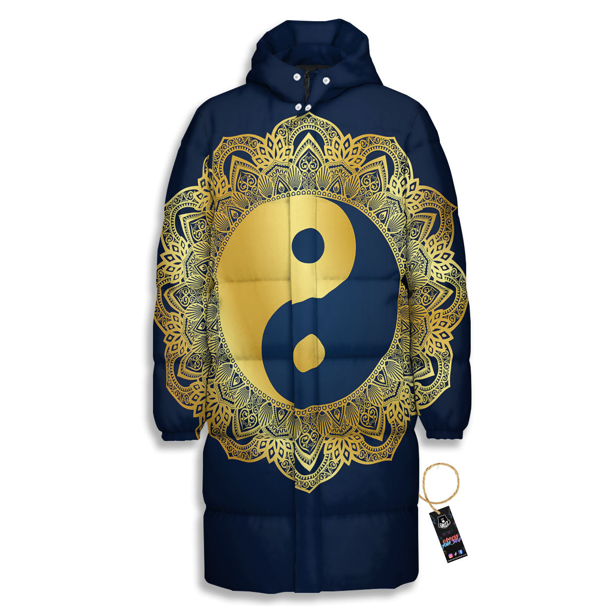 Yin Yang Gold Mandala Print Long Down Jacket
