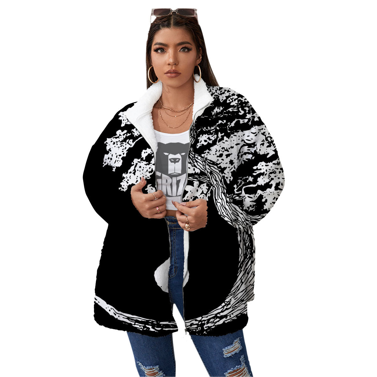 Yin Yang Roots Print Women's Sherpa Jacket