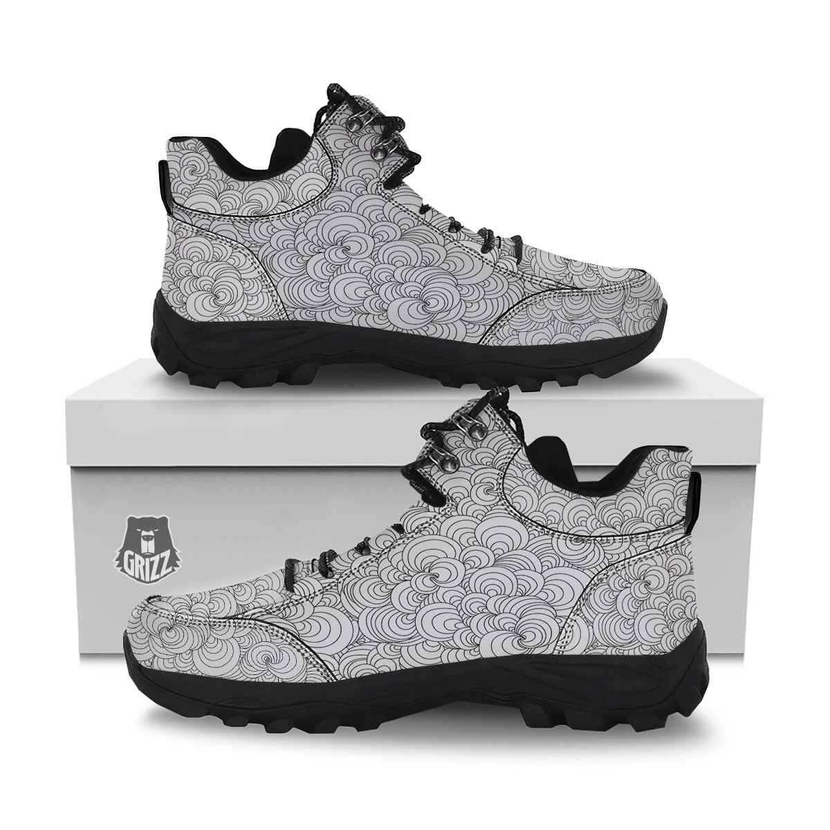 Zentangle White And Black Print Pattern Hiking Shoes