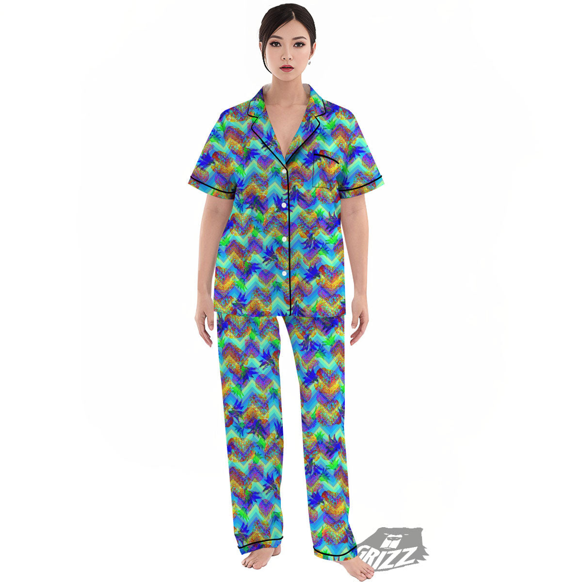 Zig Zag Pineapple Neon EDM Print Pattern Women's Pajamas Set