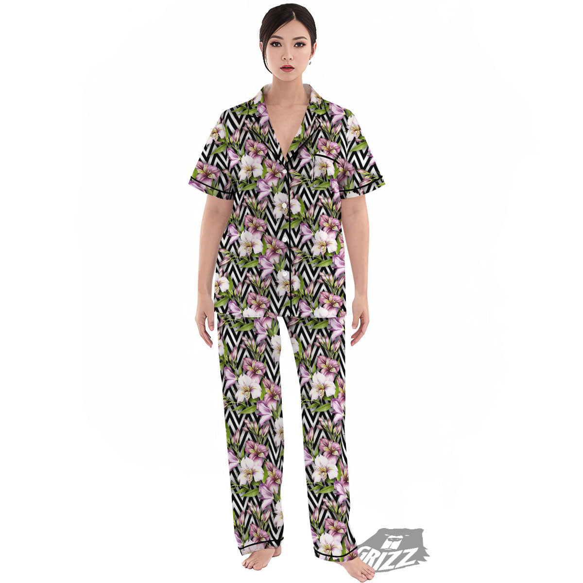 Zigzag Alstroemeria Purple Print Pattern Women's Pajamas Set