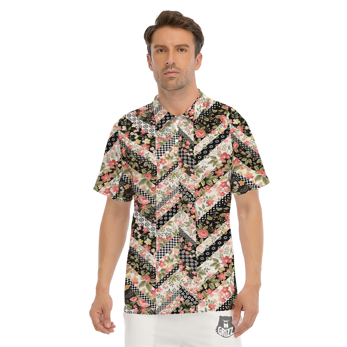 Zigzag Floral Patchwork Print Pattern Men's Golf Shirts