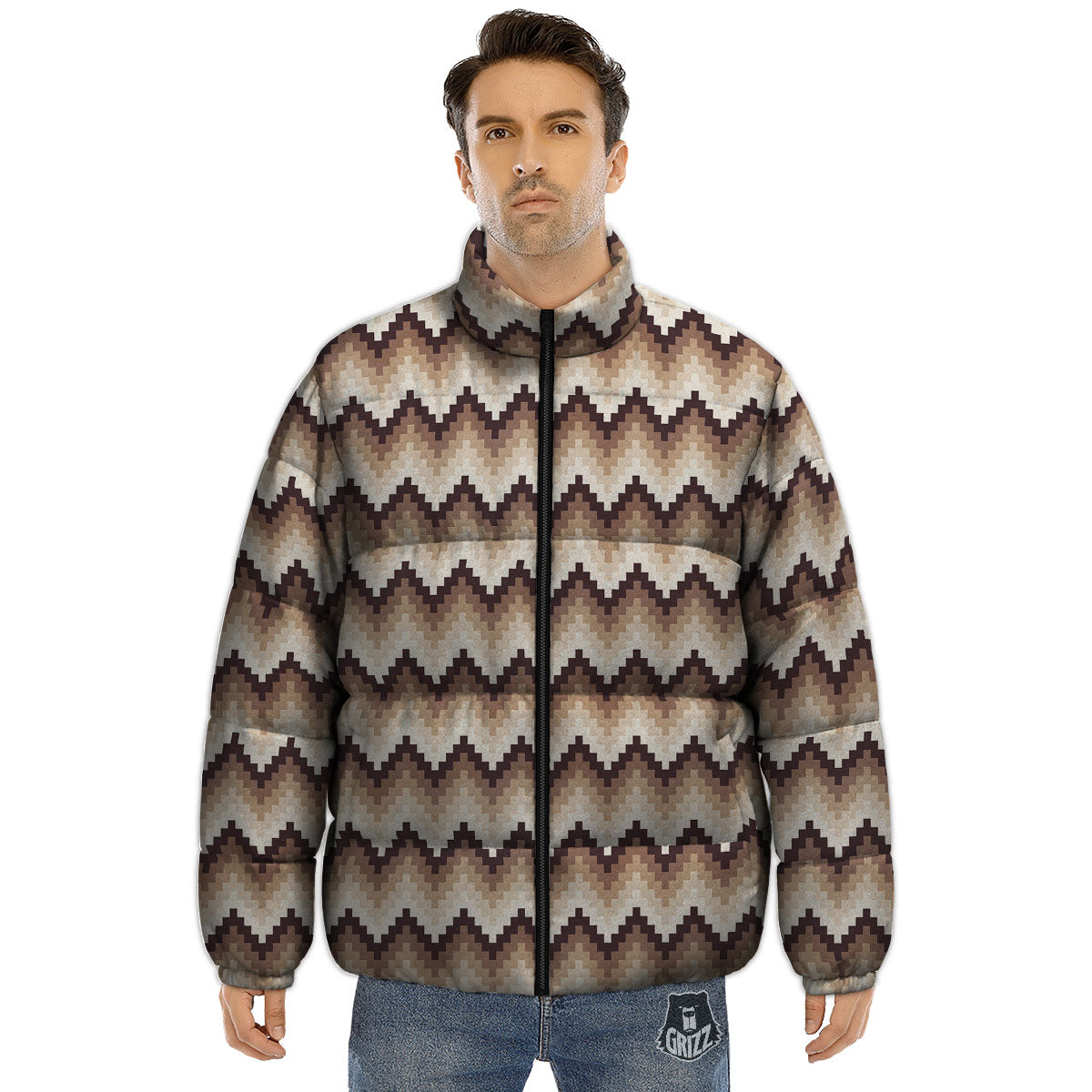 Zigzag Pixel Print Pattern Puffer Jacket