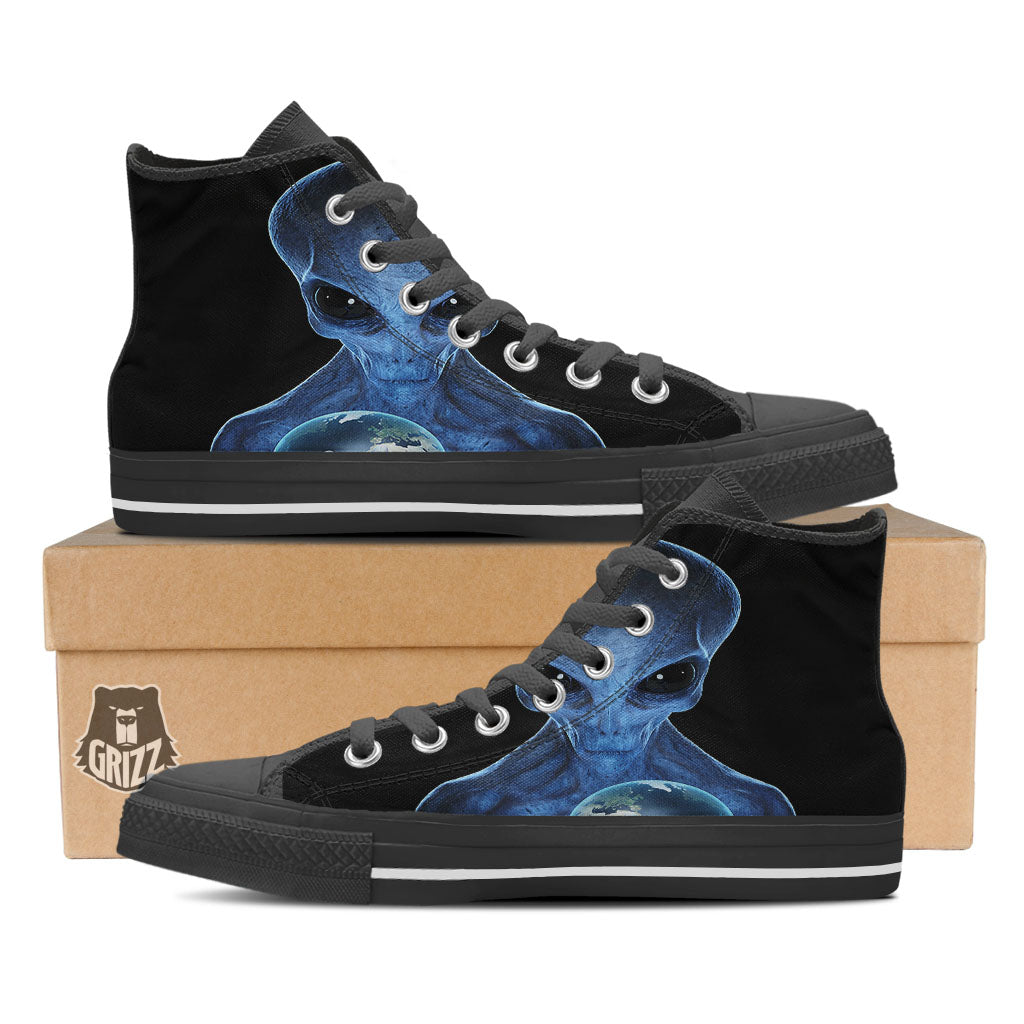 3D Scary Alien Grey Print Black High Top Shoes