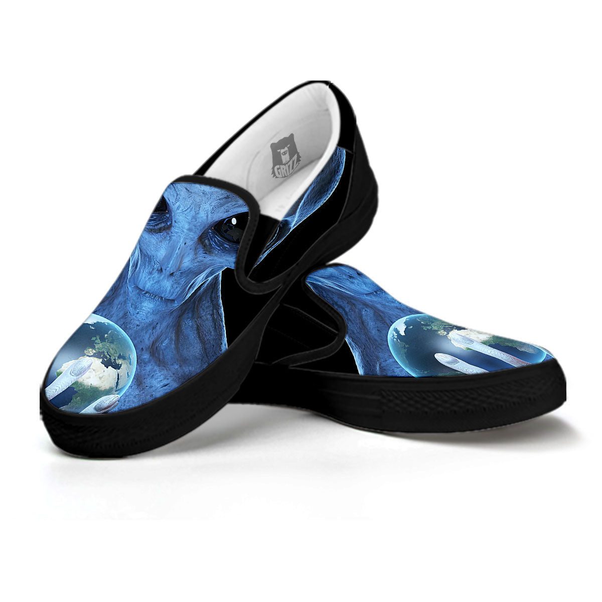 3D Scary Alien Grey Print Black Slip On Shoes