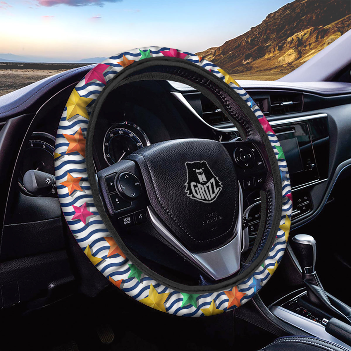 3D Stars And Blue Wave Print Pattern Car Steering Wheel Cover