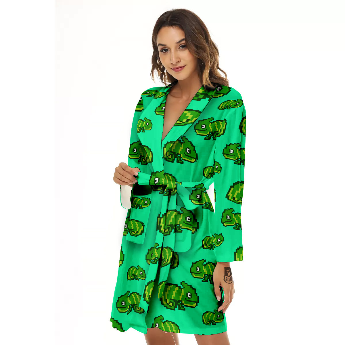 8 Bit Pixel Green Chameleons Print Pattern Women's Robe