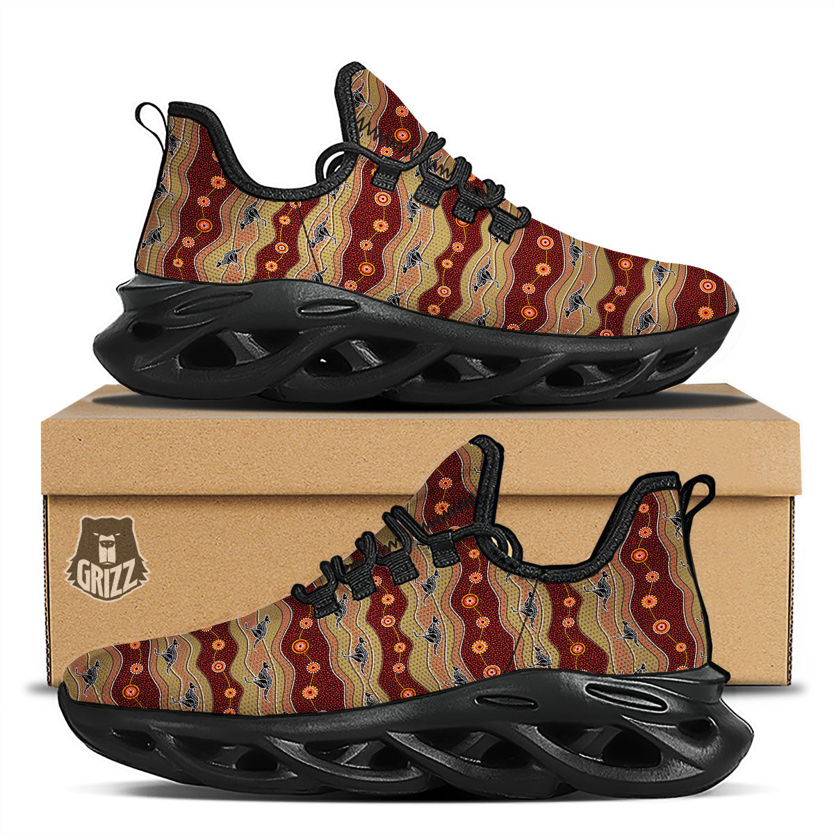 Aboriginal Australian Kangaroo Print Black Running Shoes