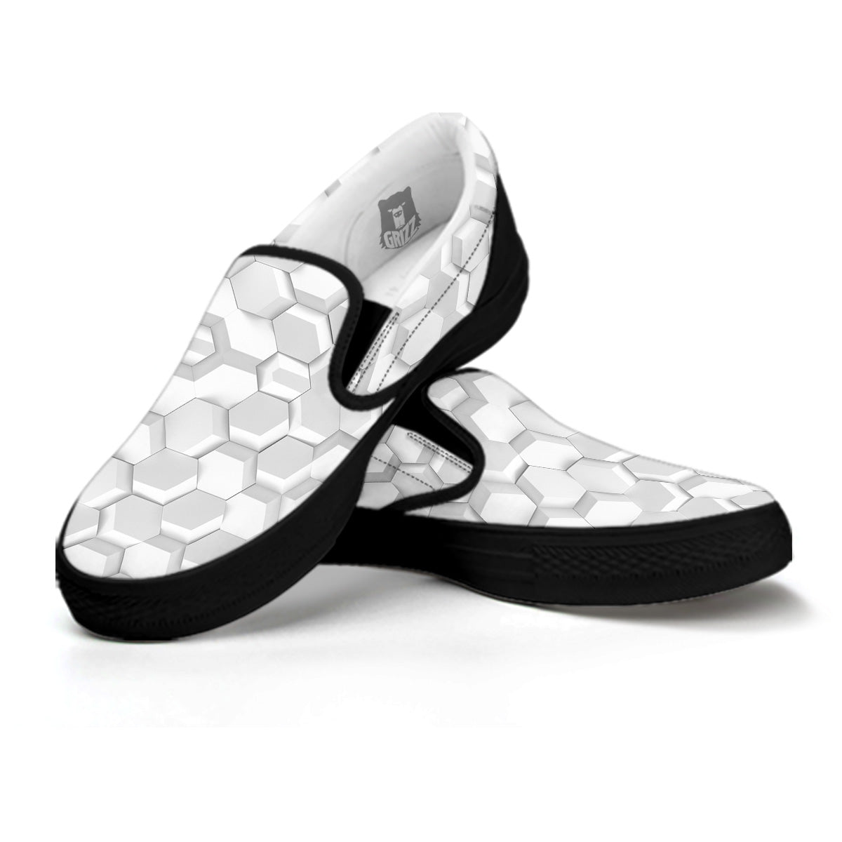 Abstract Hexagonal White 3D Print Pattern Black Slip On Shoes