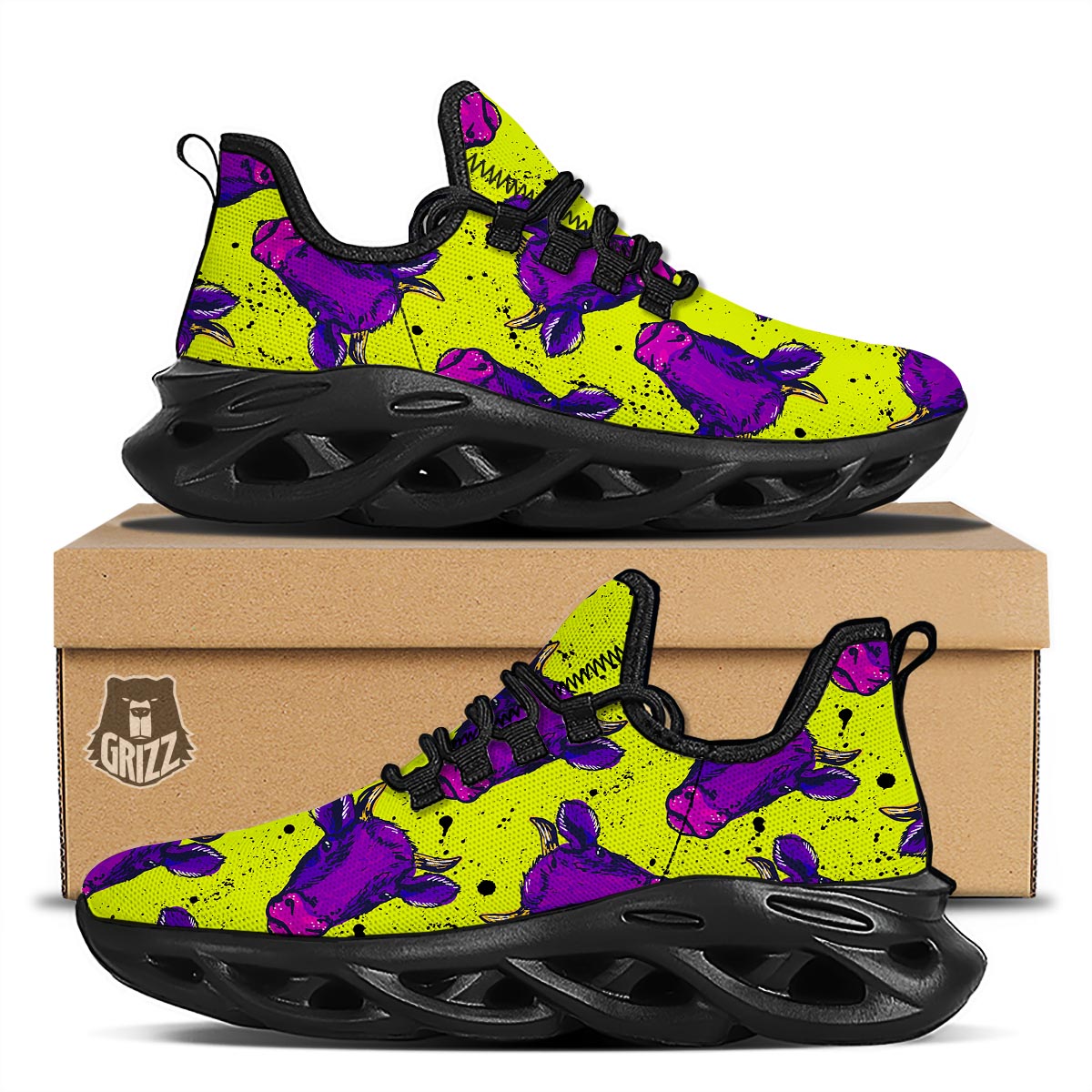 Abstract Neon Cow Print Black Running Shoes