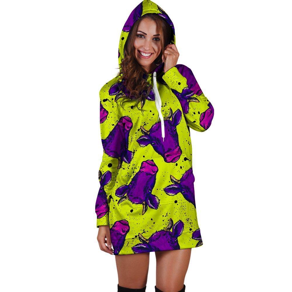 Abstract Neon Cow Print Hoodie Dress