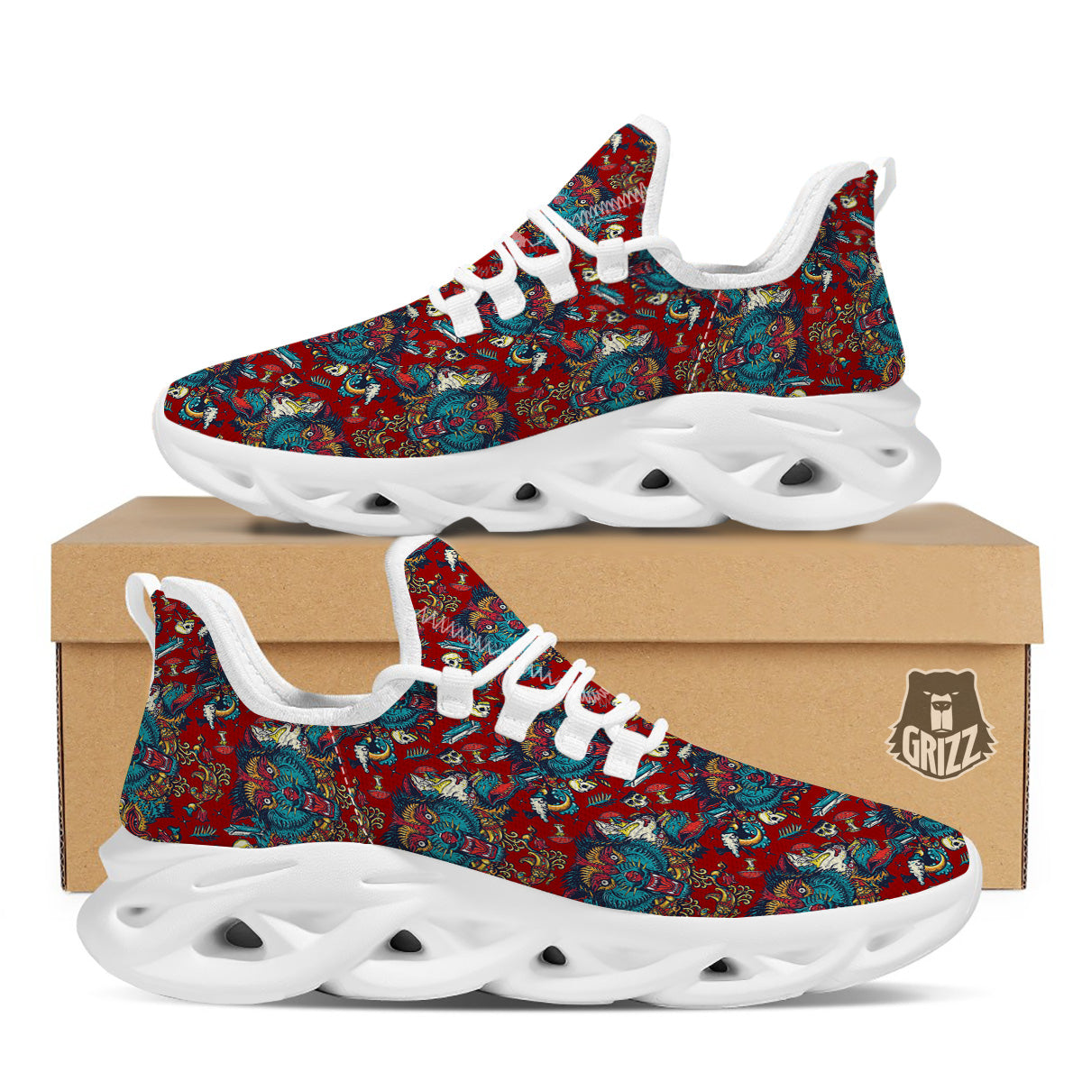 Abstract Wolf Fairy Tale Tattoo Print Pattern White Running Shoes