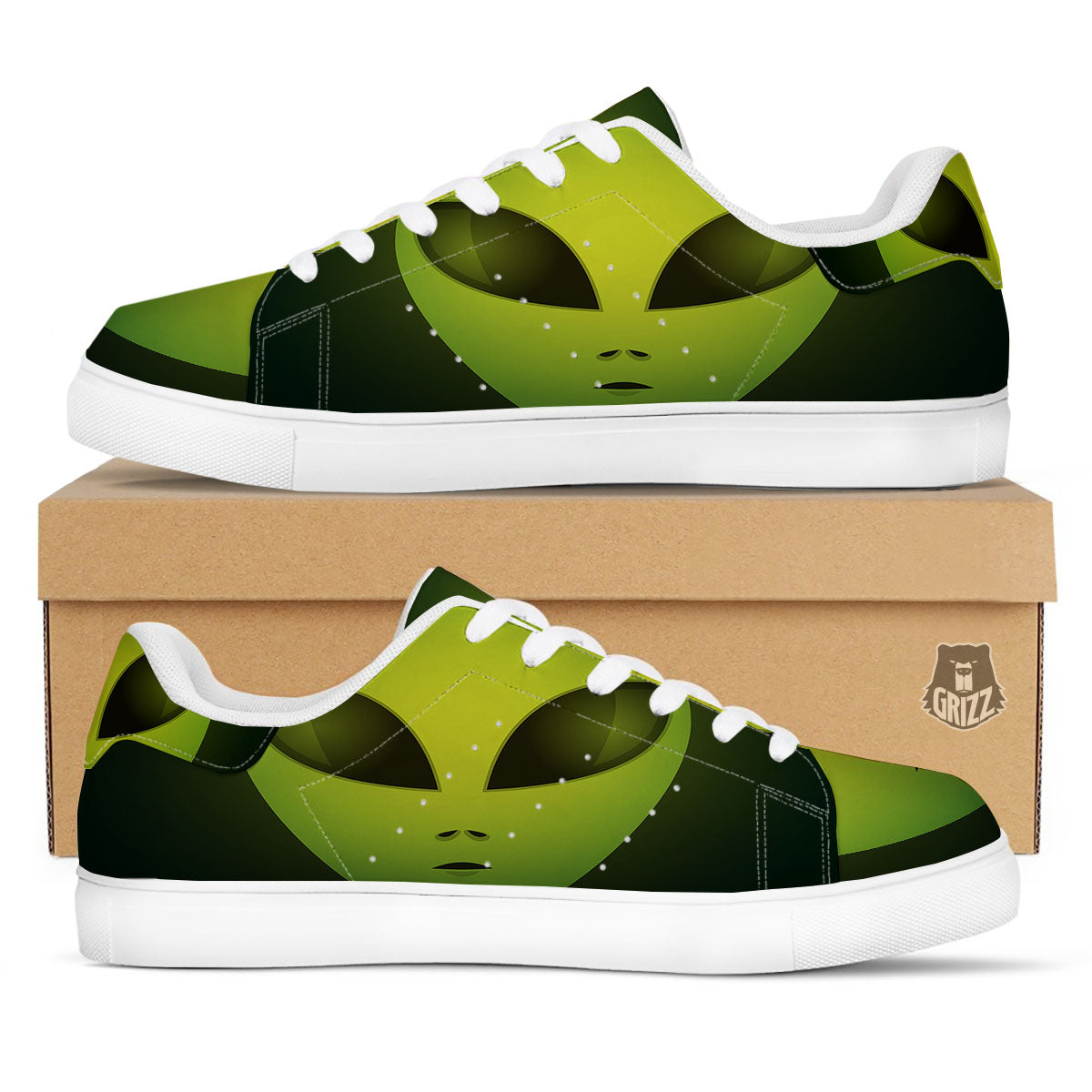 Alien Face Green Print White Low Top Sneakers