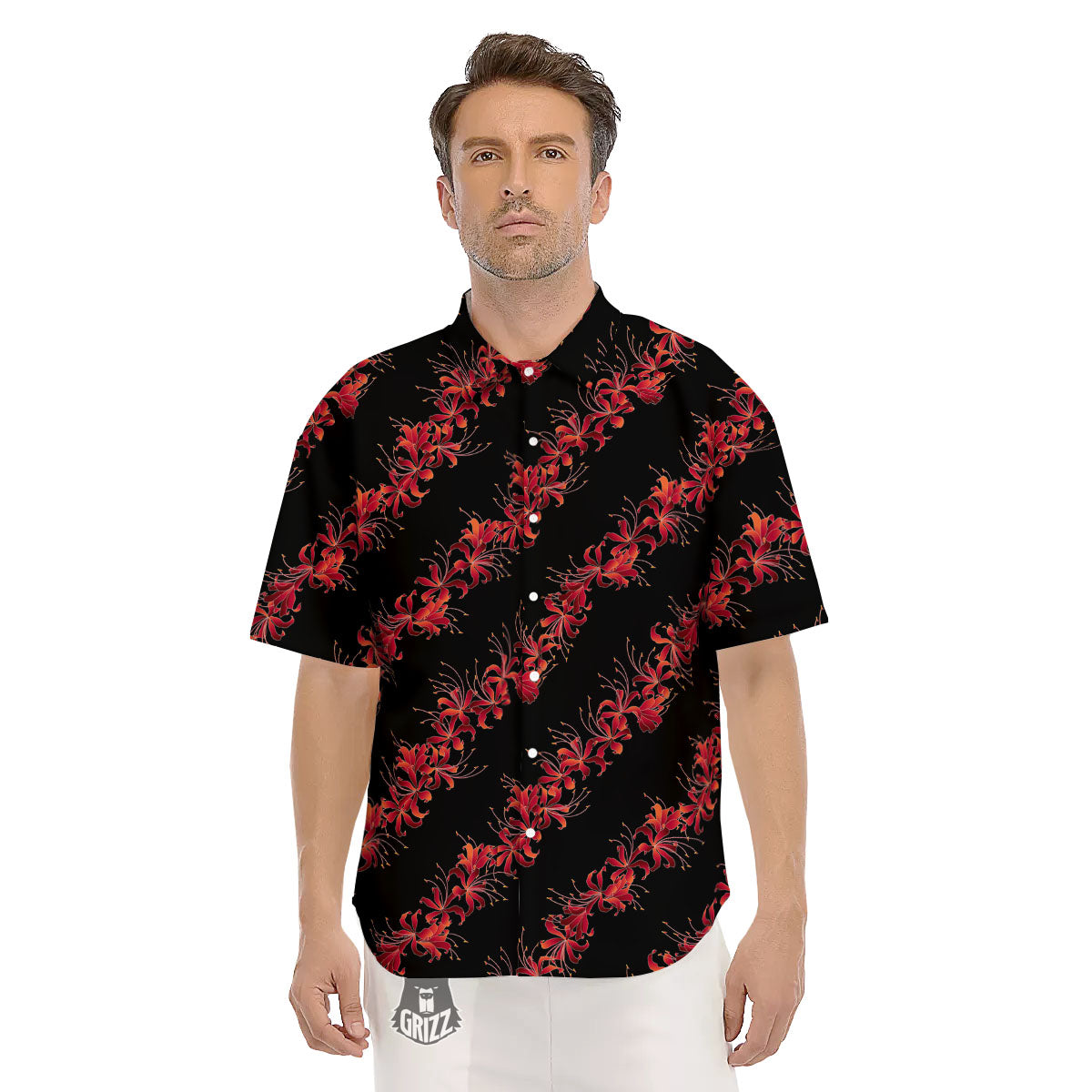 Amaryllis Red Japanese Print Pattern Men's Short Sleeve Shirts