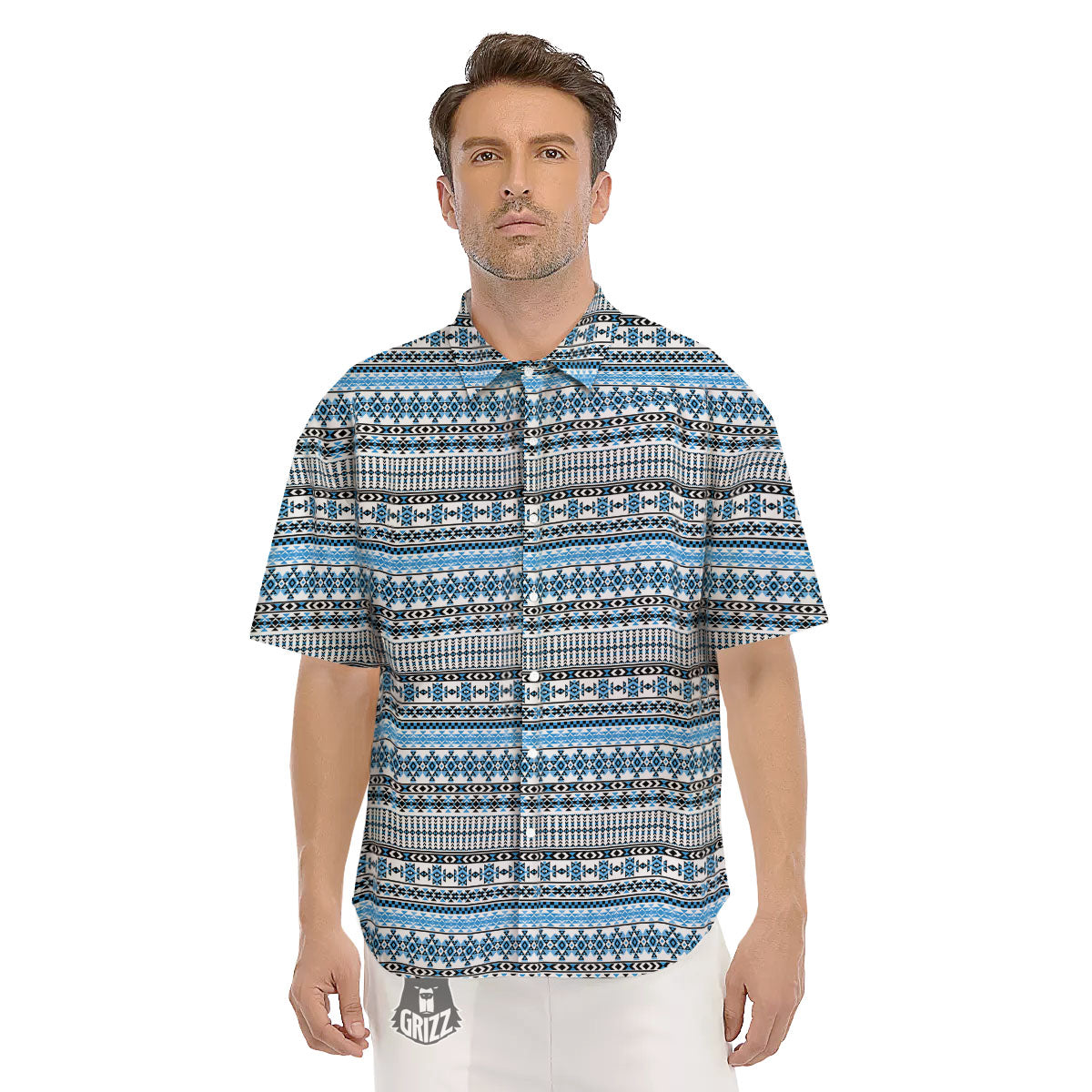 American Aztec Blue Native Print Pattern Men's Short Sleeve Shirts