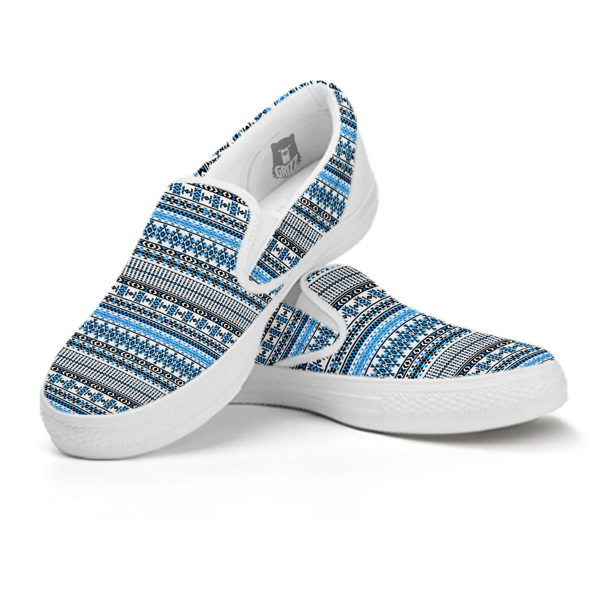 American Aztec Blue Native Print Pattern White Slip On Shoes