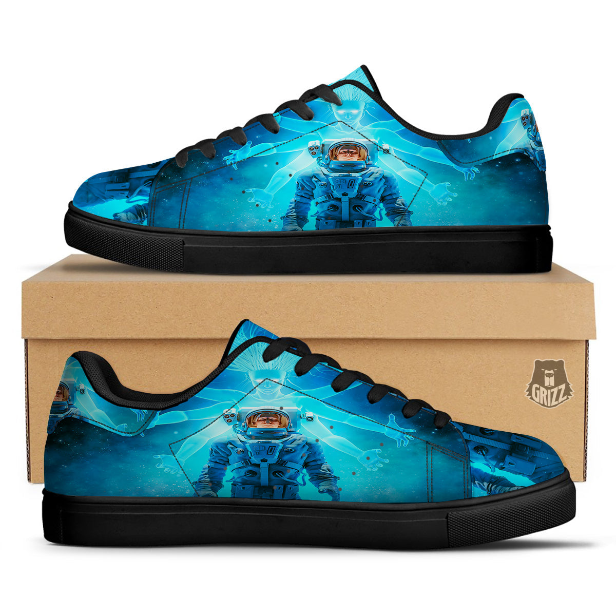 Astronaut And Female Alien Print Black Low Top Sneakers