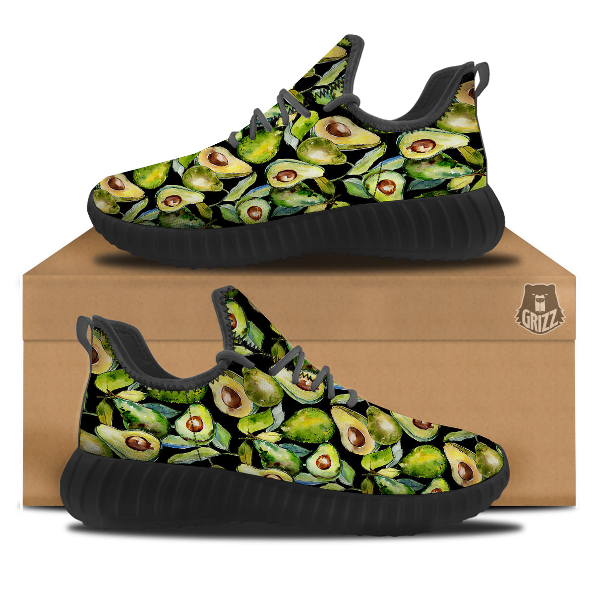 Avocado Watercolor Print Pattern Black Walking Shoes