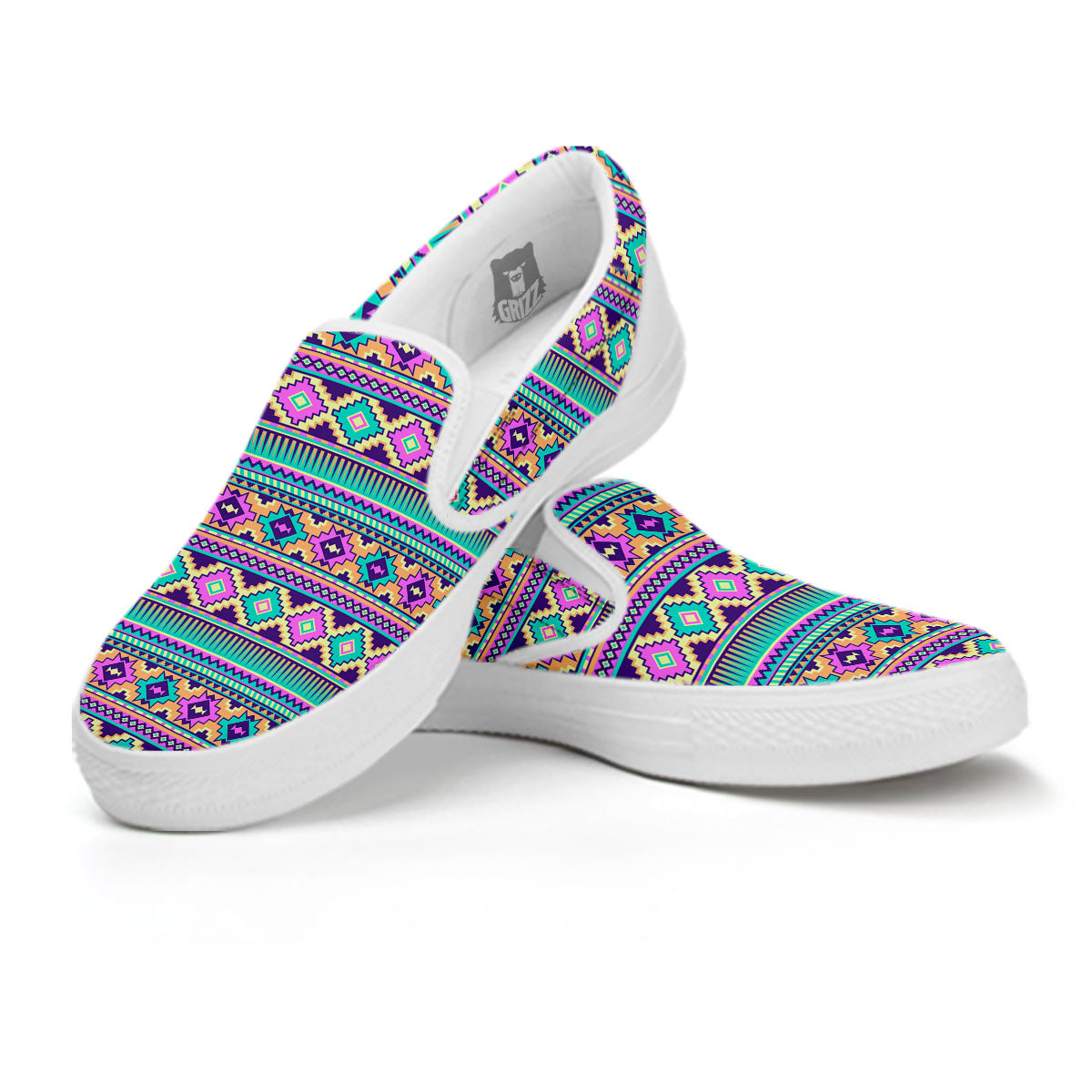 Aztec Neon Native Print Pattern White Slip On Shoes
